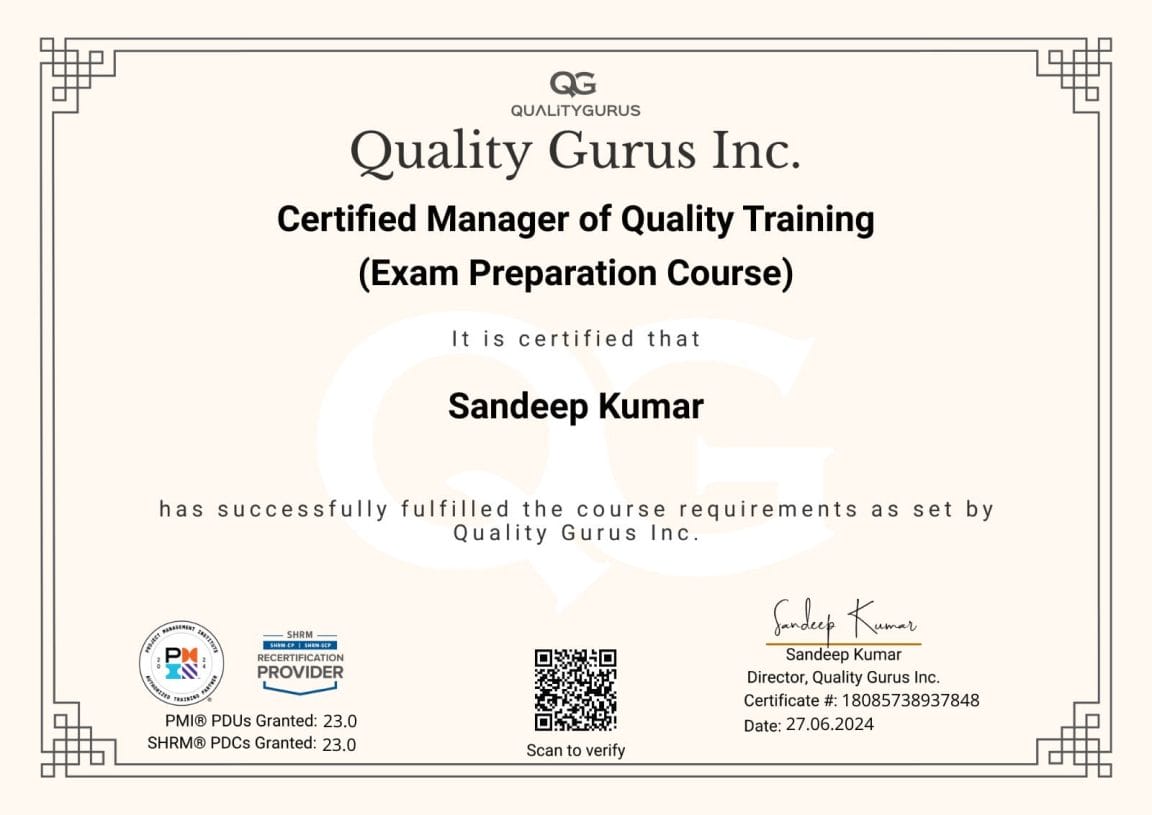 Certified Manager of Quality (CMQ/OE) Exam Preparation Online Training ...